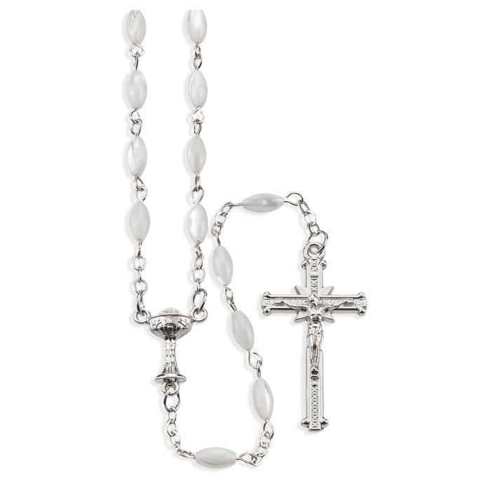 Oval Pearlescent White Rosary – The Paschal Lamb