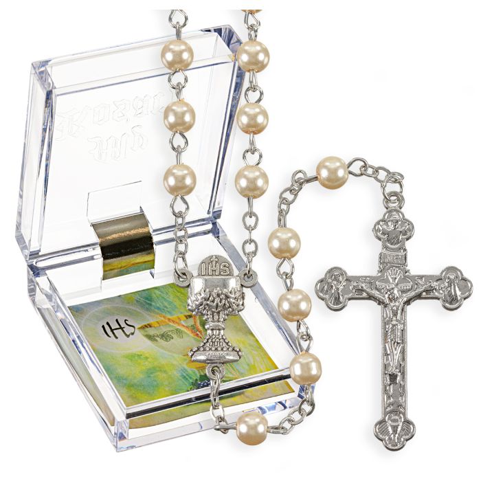 First Communion White and Silver Rosary – The Paschal Lamb